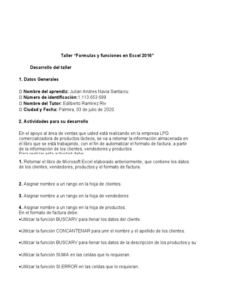 Taller Fórmulas Y Funciones De Excel 2016 Electro Pdf