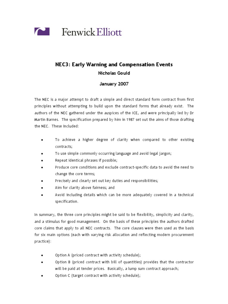 Contract 12 - NEC3 - Early Warning and Compensation Events | Option ...