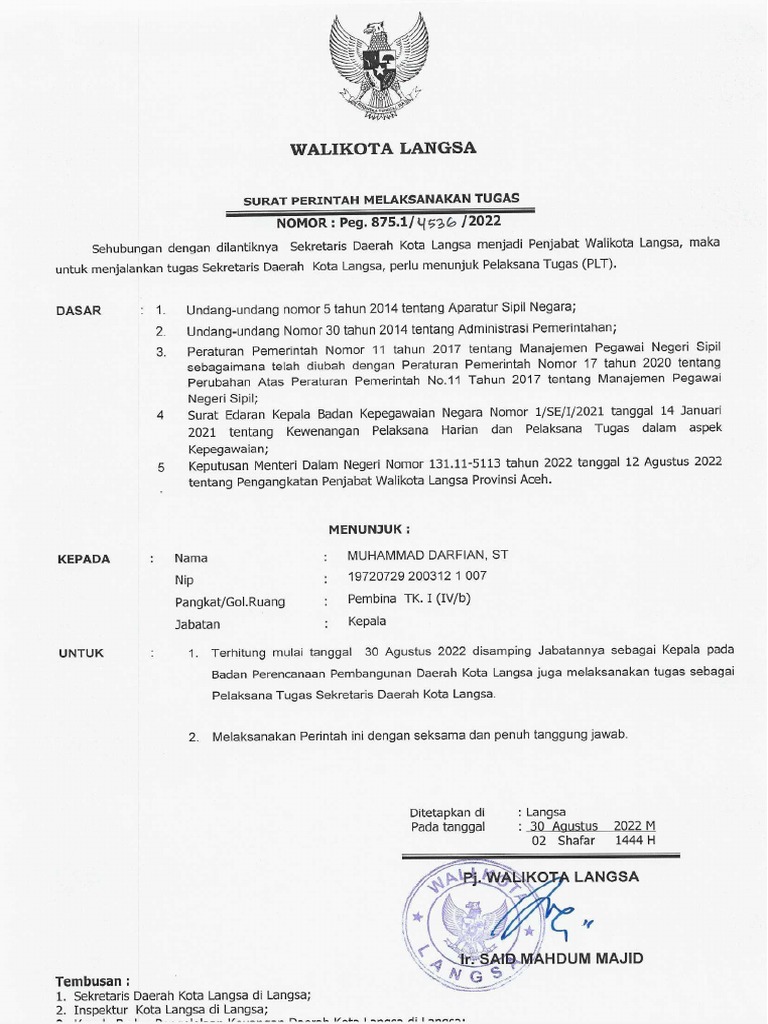 Surat Plt. Sekda | PDF