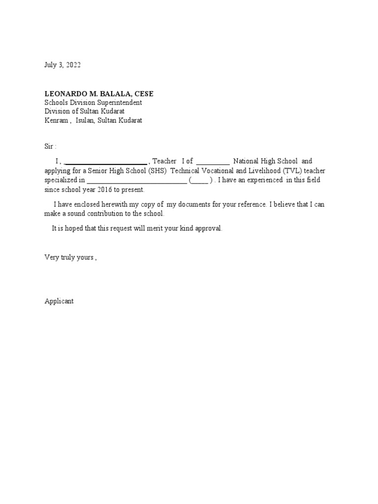 Application Letter To Sds TVL Provisional3blank | PDF