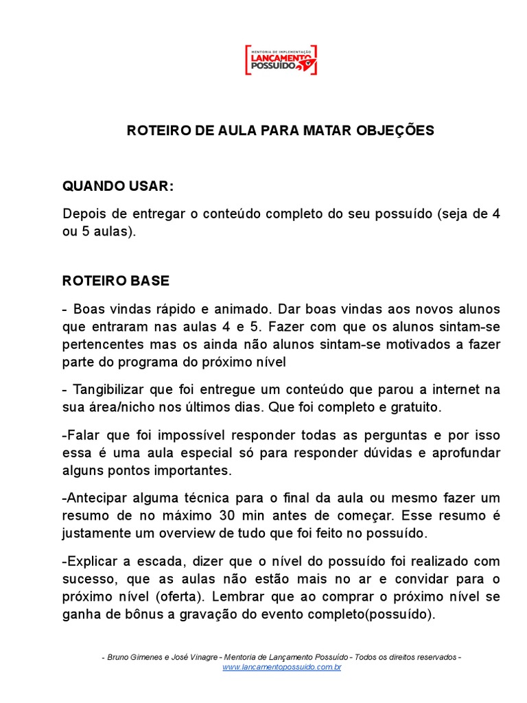 (POSSUÍDO) Script de Aula para Matar Objeções | PDF