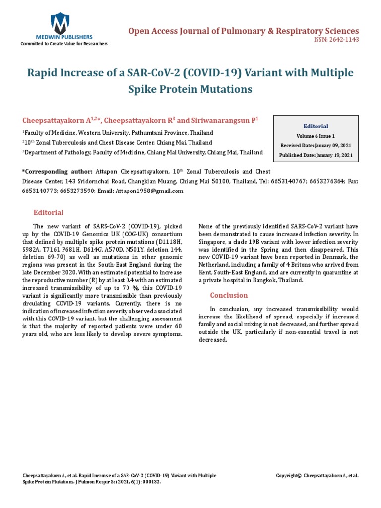 Rapid Increase of A Sar Cov 2 Covid 19 Variant With Multiple Spike Protein Mutations | PDF ...