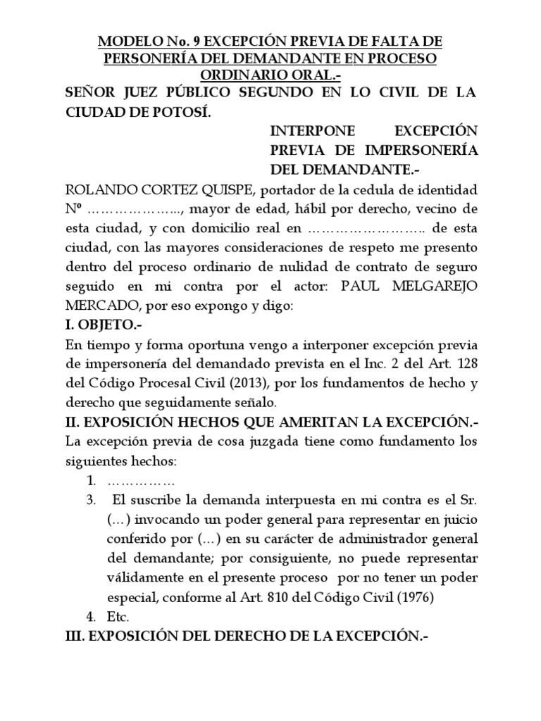 Modelo No. 9 Excepción Previa de Falta de Personería Del Demandante en Proceso Ordinario Oral ...