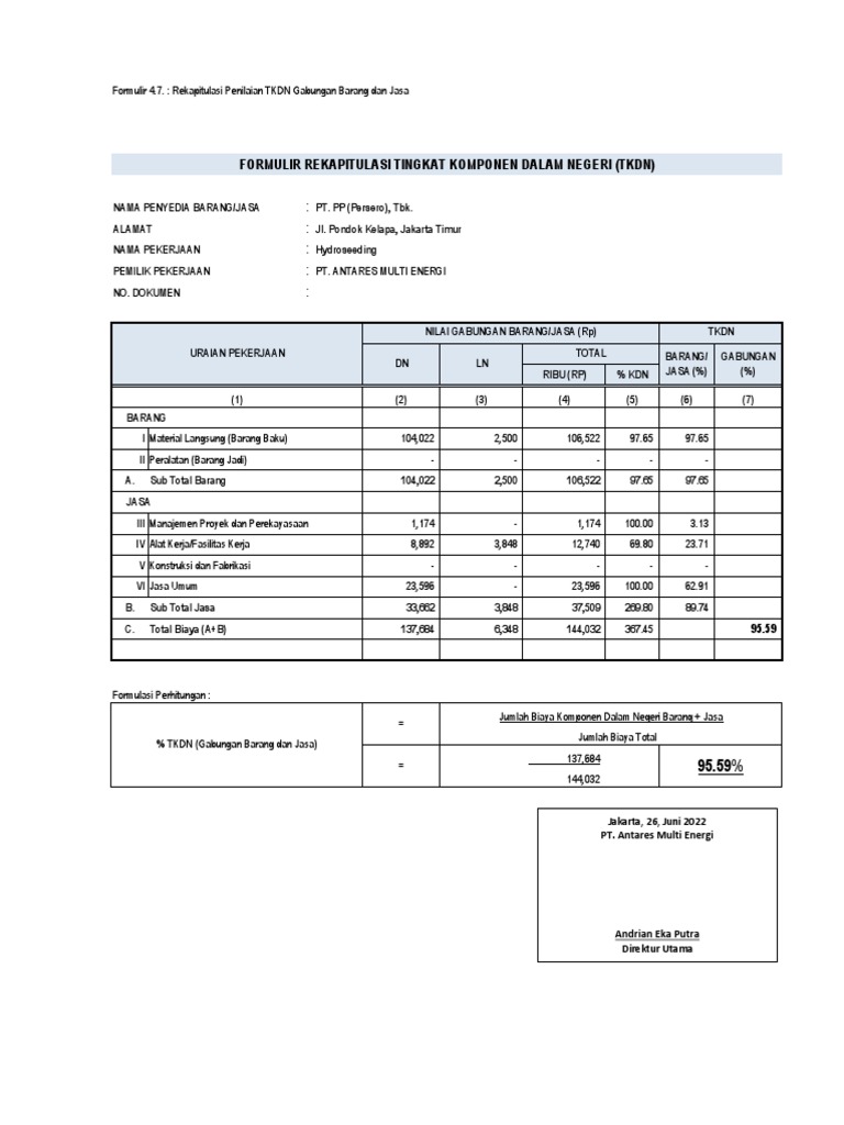 Form Contoh Perhitungan TKDN (KemenPerin) | PDF