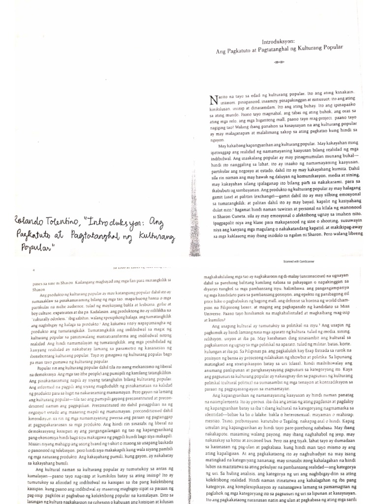 Rolando Tolentino, Ang Pagkatuto at Pagtatanghal NG Kulturang Popular | PDF