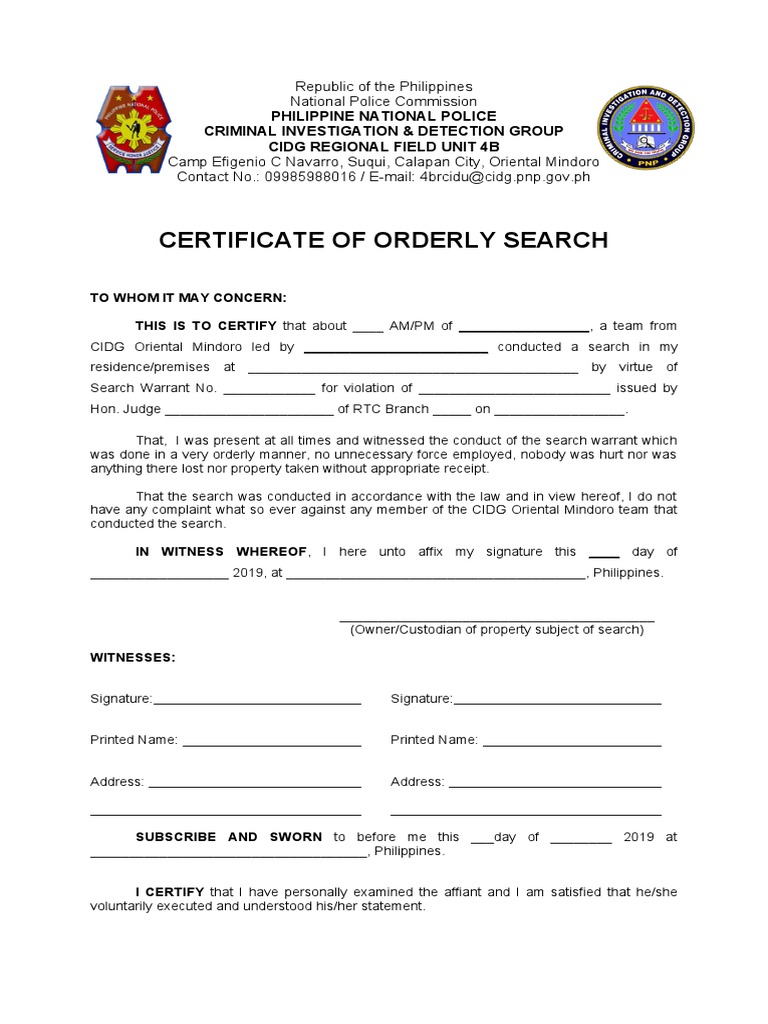 Certificate of Orderly Search | PDF Certificate of Orderly Search | PDF