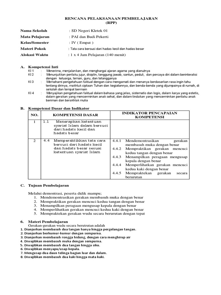 RPP Pai Kelas 4 Tata Cara Bersuci Dari Hadas | PDF