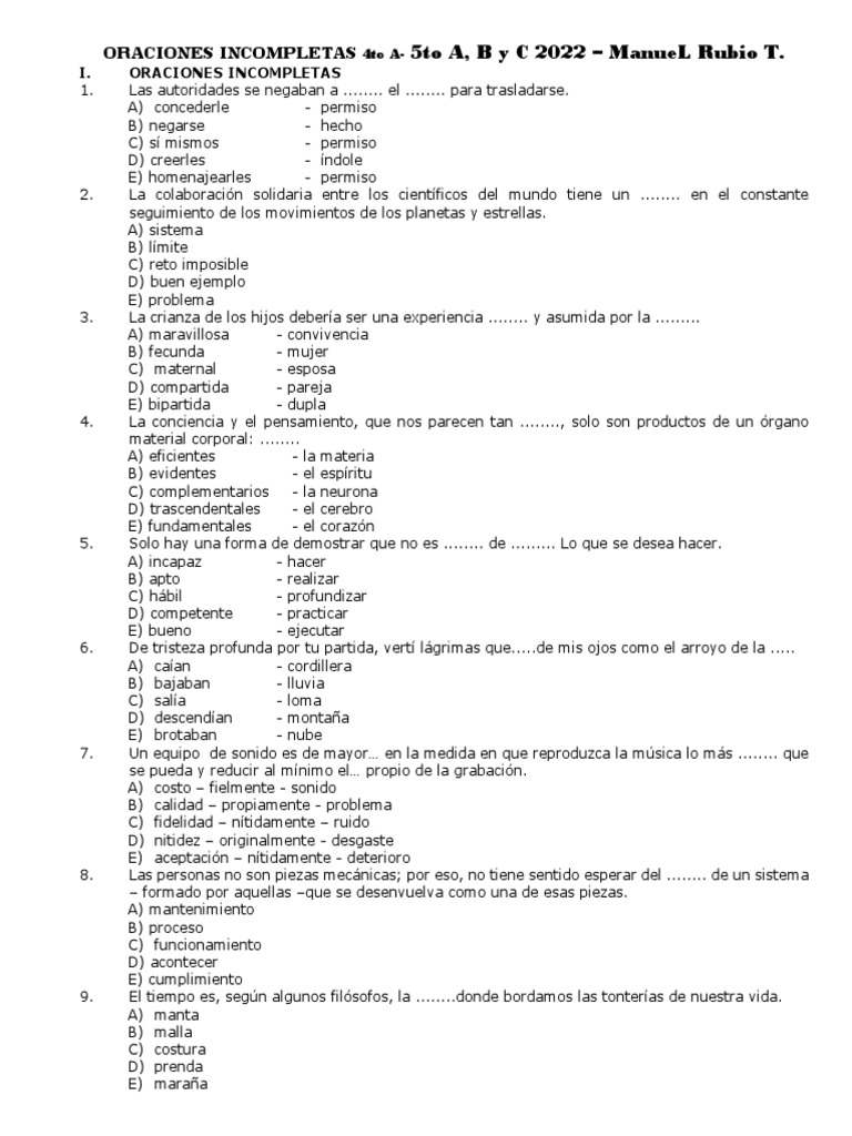 ORACIONES INCOMPLETAS 5to A | PDF