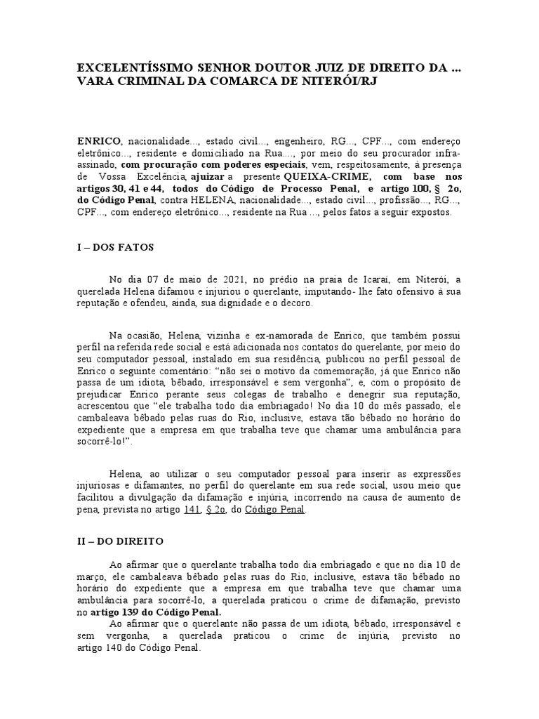 Queixa-crime por difamação e injúria praticadas por meio de rede social ...