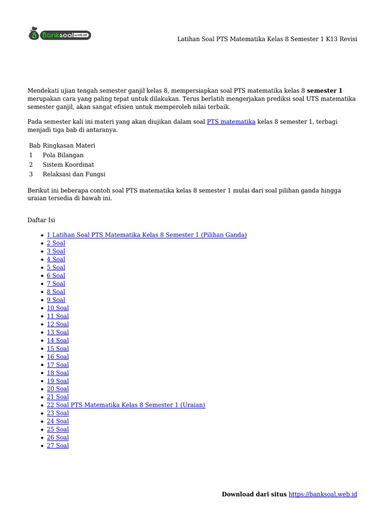 Soal PTS Matematika Kelas 8 Semester 1 | PDF
