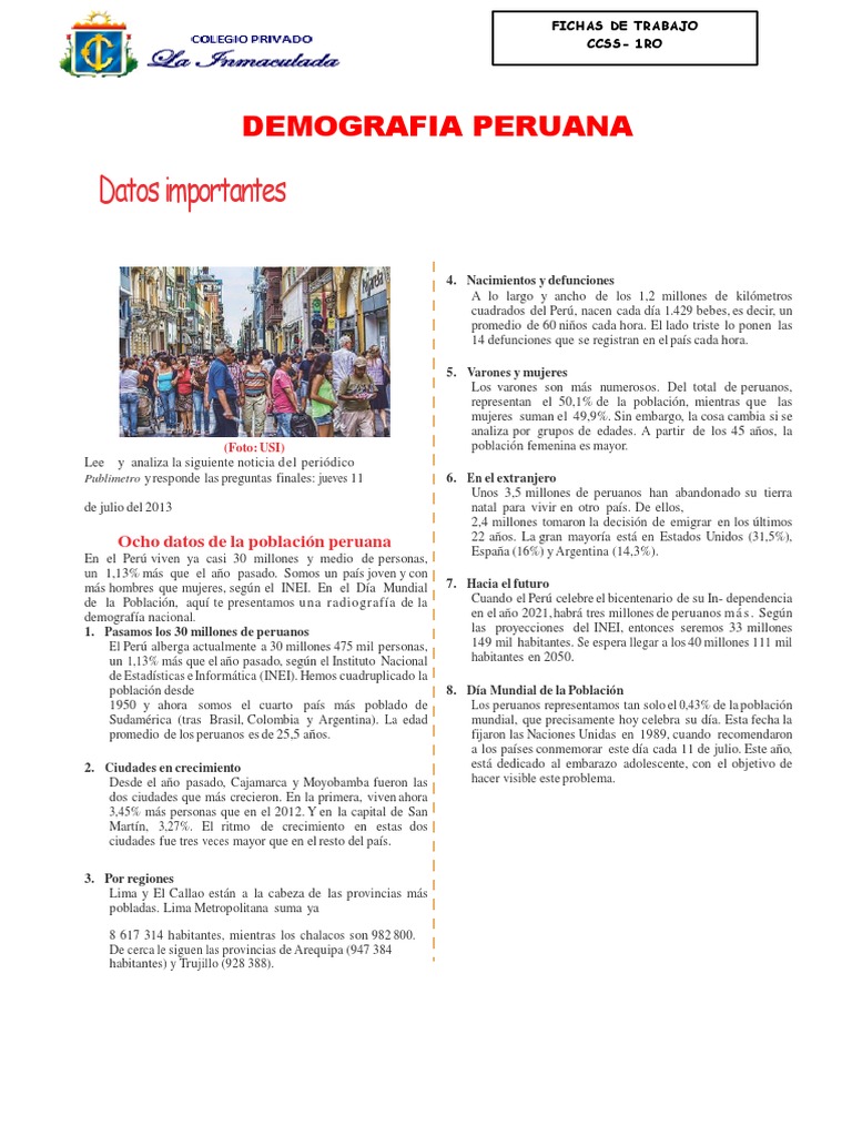 DEMOGRAFIA PERUANA - Ficha | PDF | Población | Perú