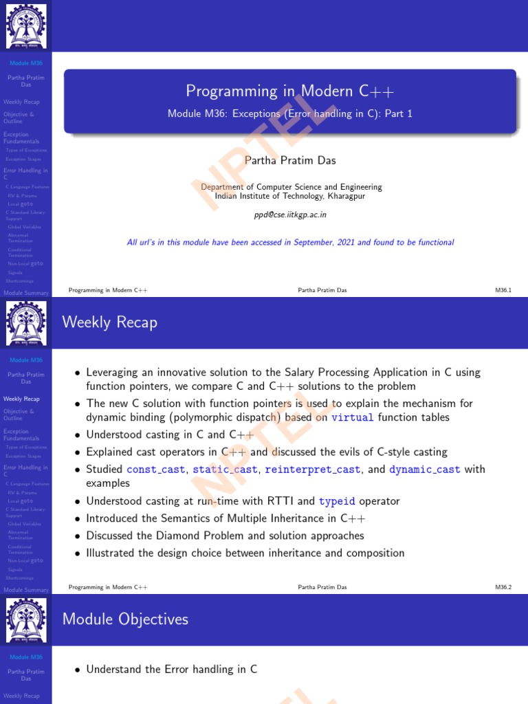 Exception Handling in C: Module M36 Recap | PDF | C++ | Parameter (Computer Programming)