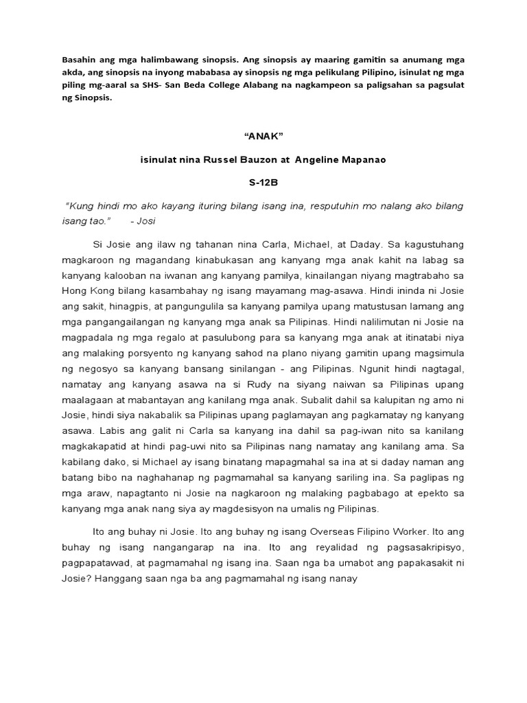 Halimbawa Ng Sinopsis (1) | PDF