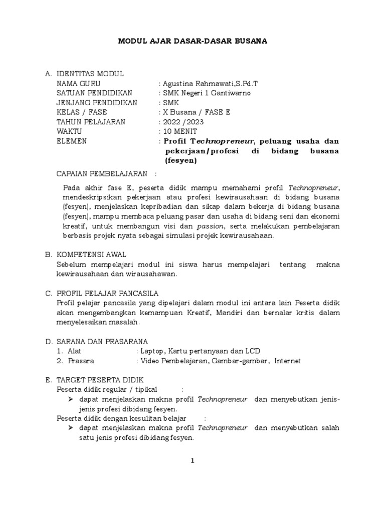 Contoh Modul Ajar Busana | PDF