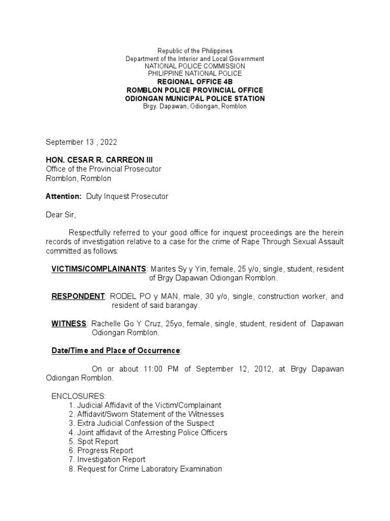 Sample Format of Case Referral | PDF | Police | Sexual Assault