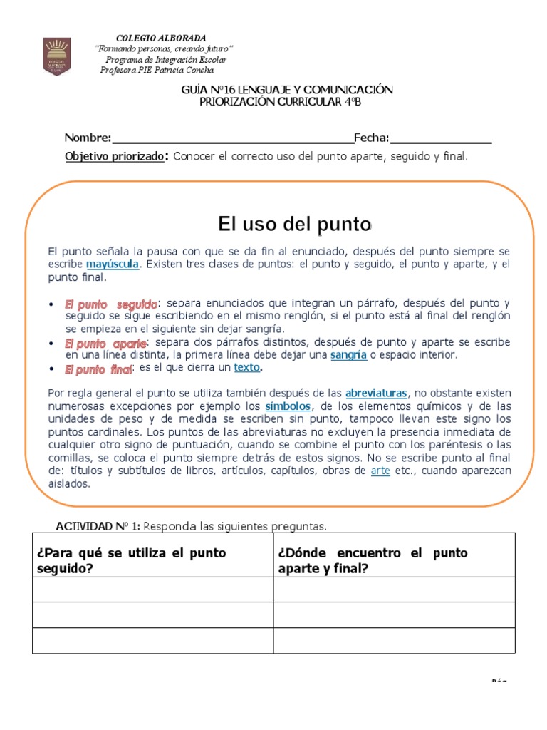 3ºA Guía de Ejercicios Punto y Seguido | PDF