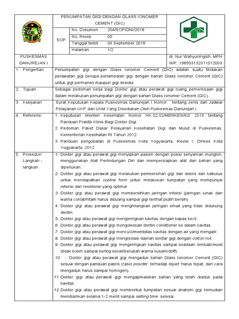 Sop Penumpatan Gigi Dengan Glass Ionomer Cement (Gic) | PDF