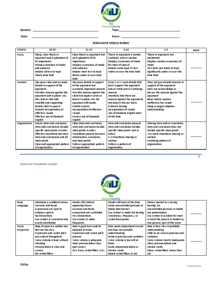 Persuasive Speech Evaluation Rubric | PDF | Argument | Gesture