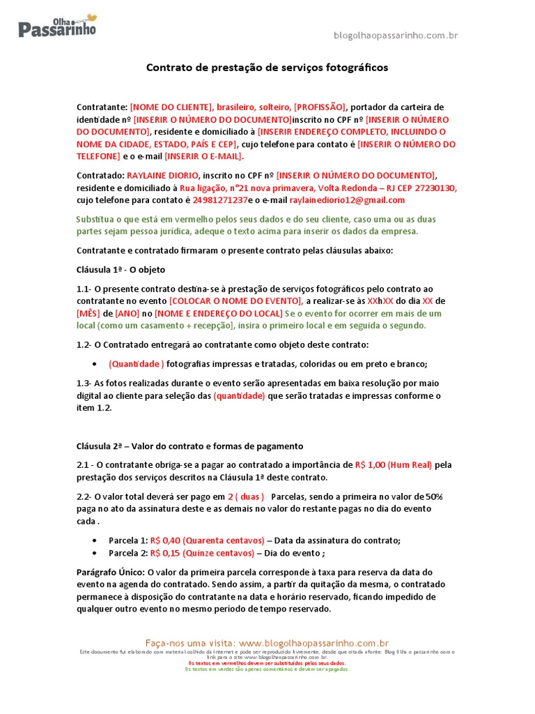 Blog Olha O Passarinho Modelo Contrato Fotografico | PDF Blog Olha O Passarinho Modelo Contrato Fotografico | PDF