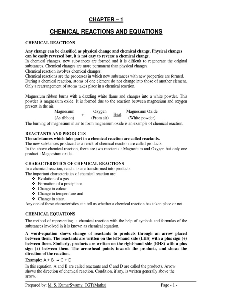 Chemistry Ch-1 (Chemical Reactions and Equations) Notes | PDF ...