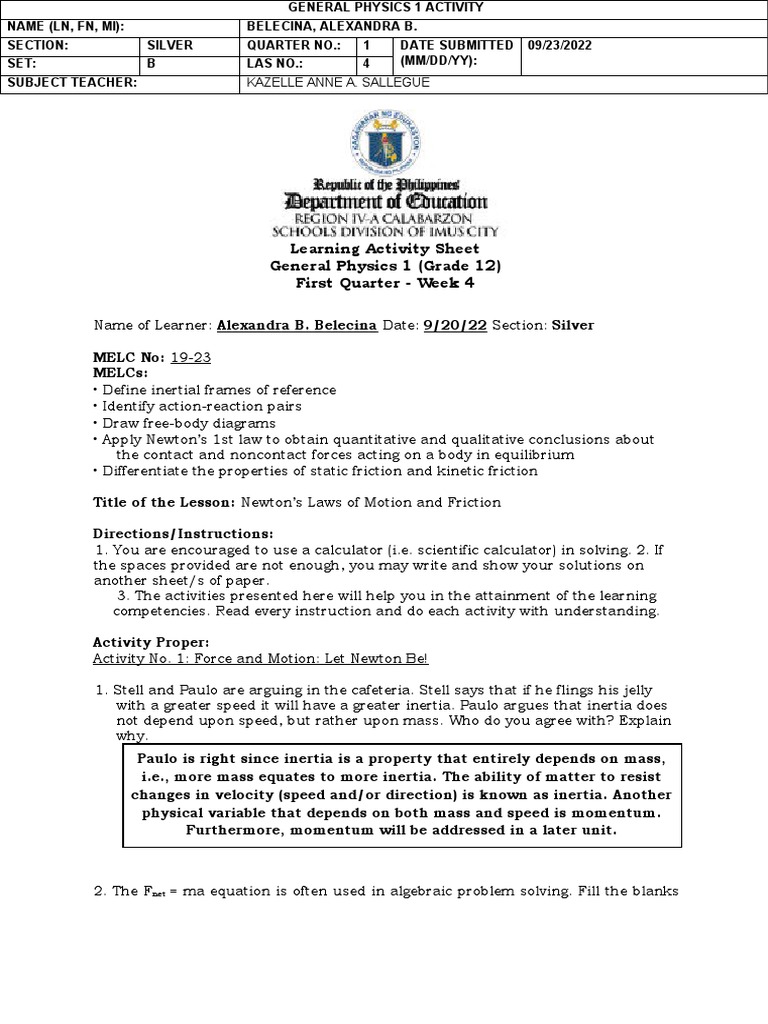 Gen. Physics 1 G12 Q1 W4 LAS | PDF | Inertia | Force