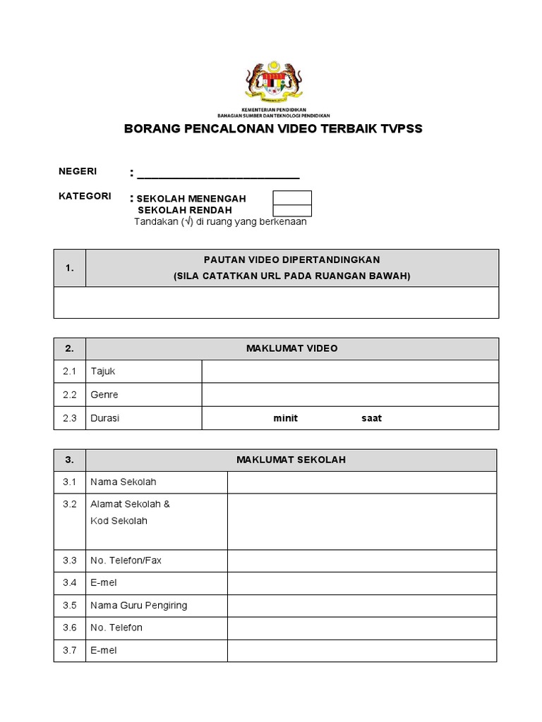 Borang Pencalonan Video Terbaik TV Pss | PDF