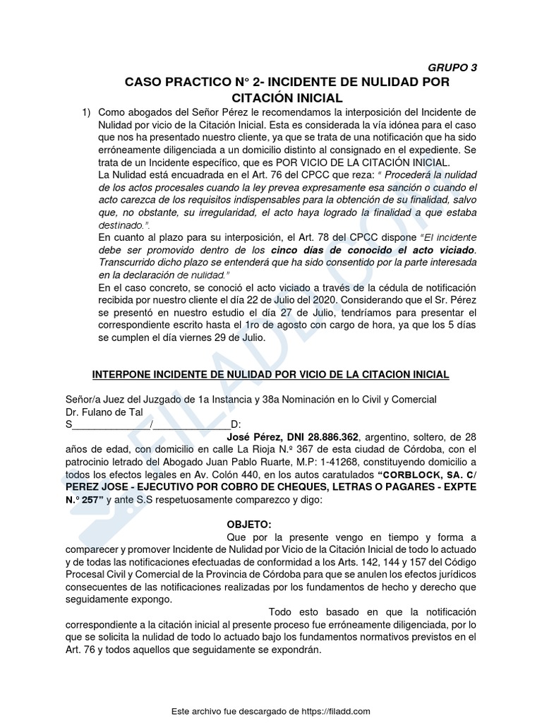 3 Caso N 2 Incidente de Nulidad Por Vicio en La Citacion Inicial | PDF