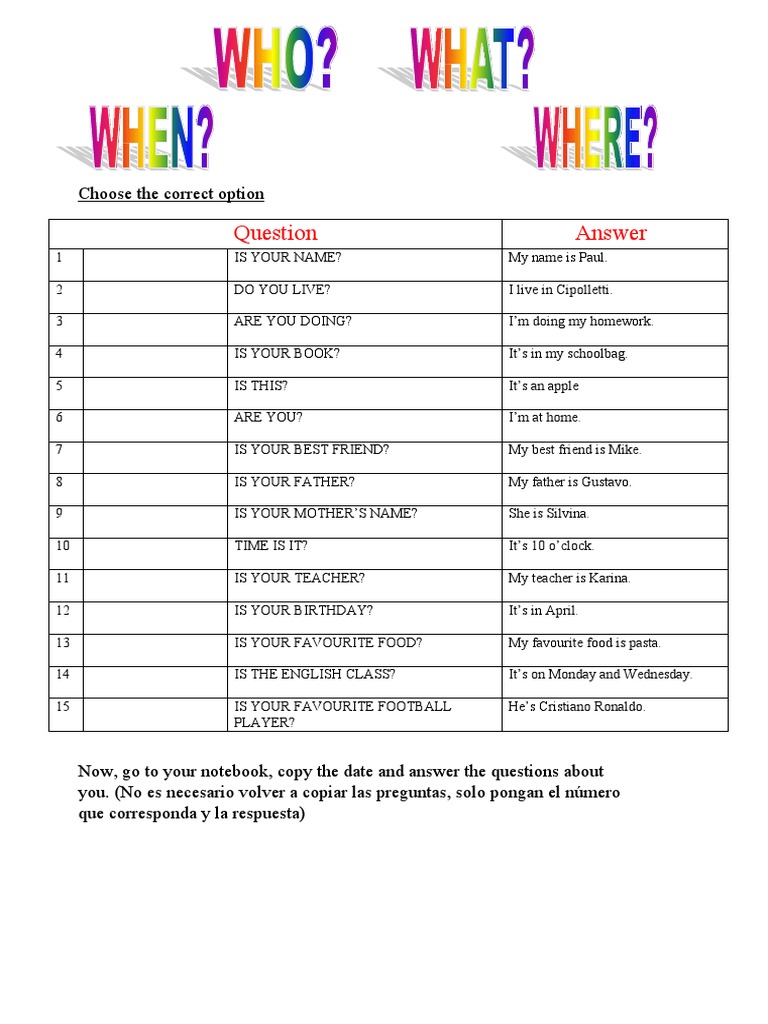 Ejercicio Who WHT Where When | PDF