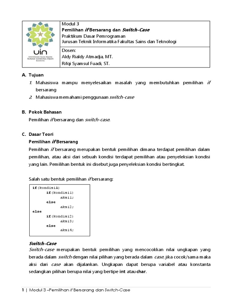 Modul 3 Pemilihan If Bersarang Dan Switch Case Pdf