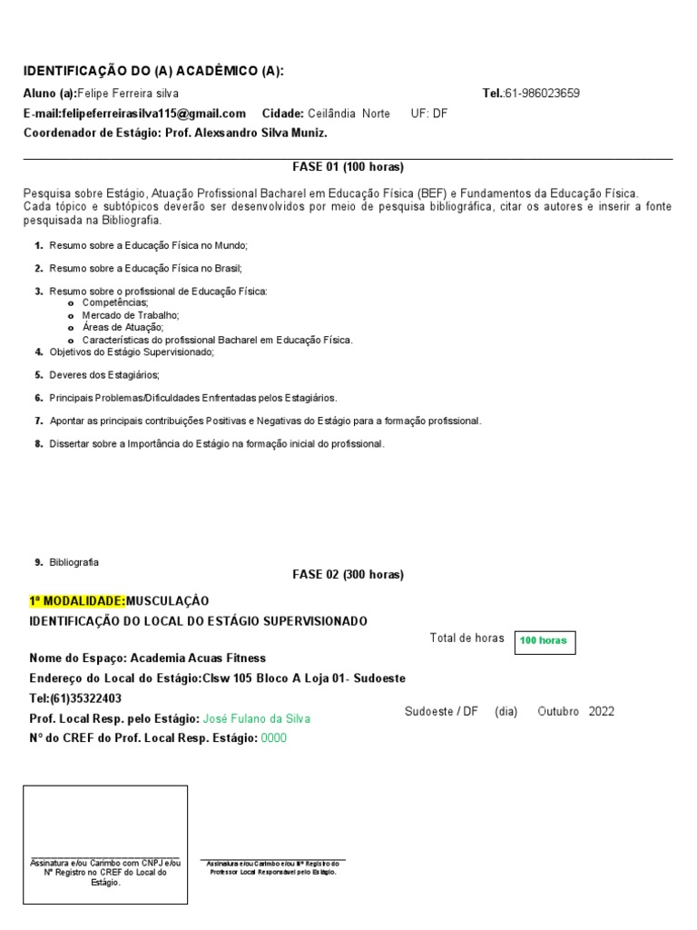 Ficha Estágio 1 Grad. Bacharel Educação Física BEF 400h - 2022 | PDF ...