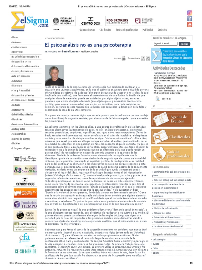 El Psicoanálisis No Es Una Psicoterapia - Colaboraciones - ElSigma ...