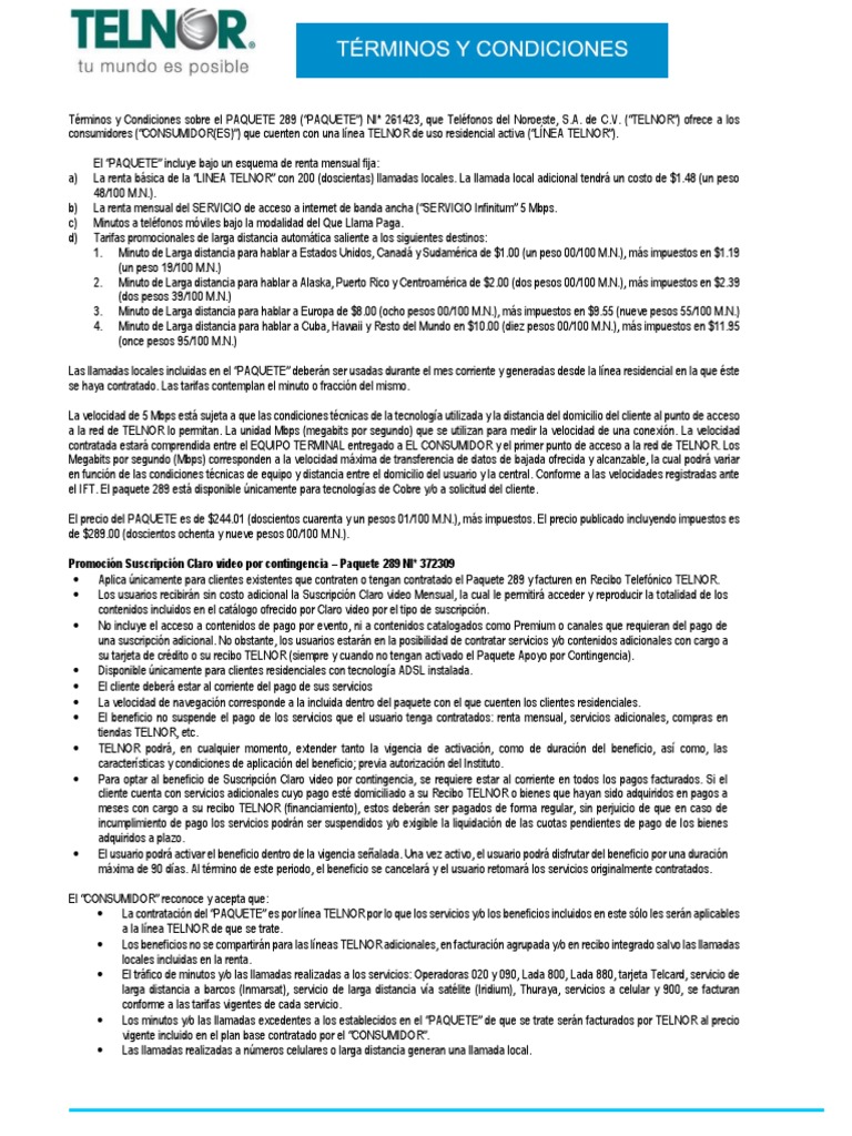 Terminos y Condiciones Paquete 289 | PDF | Revendedores | Internet