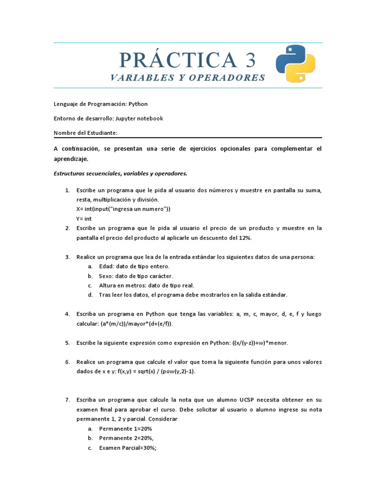 Práctica 3 - Secuenciales Variables y Operadores | PDF