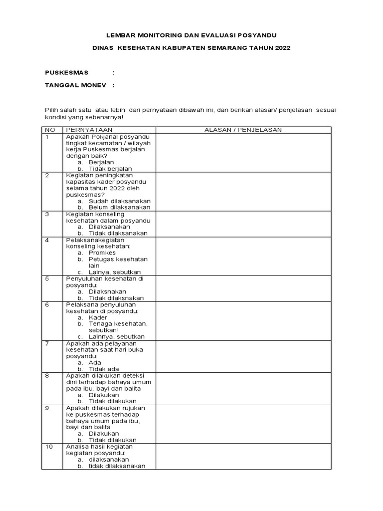 Lembar Monitoring Dan Evaluasi Posyandu 2022 | PDF
