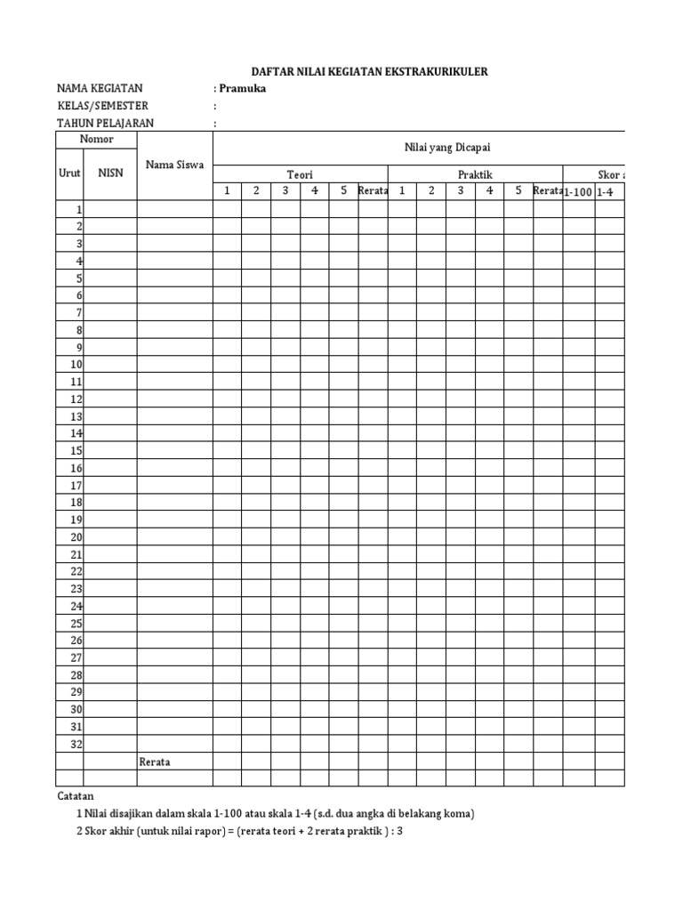 Daftar Nilai Kegiatan Ekstrakurikuler | PDF | Metode & Bahan Ajar