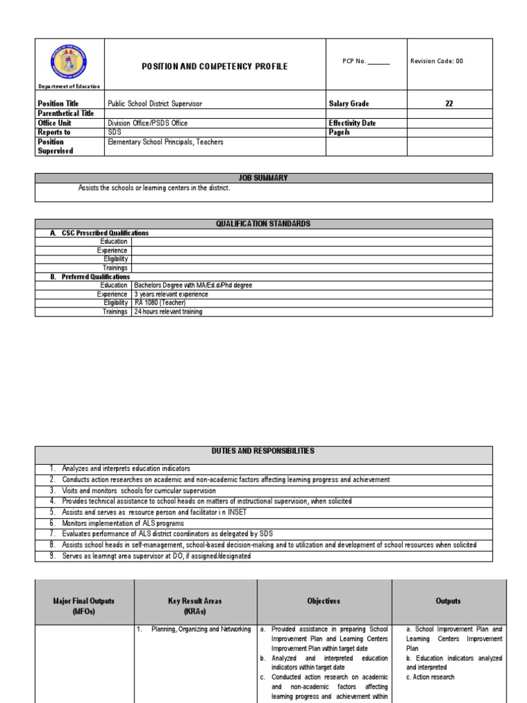 Position and Competency Profile - PSDS | PDF | Teachers | Action Research