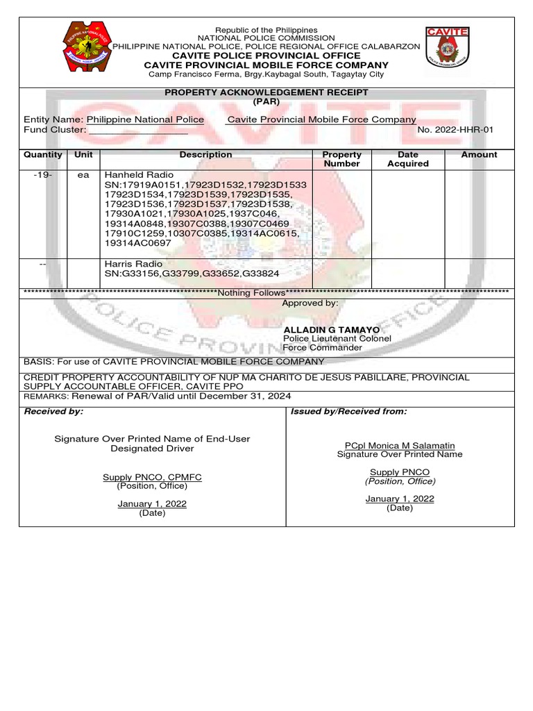 Cavite Police Property Acknowledgement Receipts | PDF | Government ...
