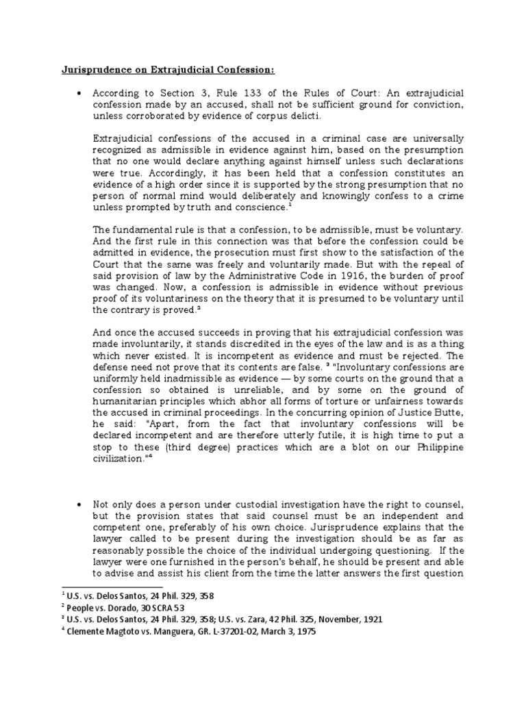 Jurisprudence On Extrajudicial Confession 2 | PDF | Confession (Law ...