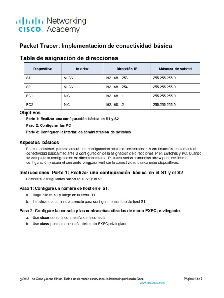 2.7.6 Packet Tracer - Implement Basic Connectivity - Es XL | PDF