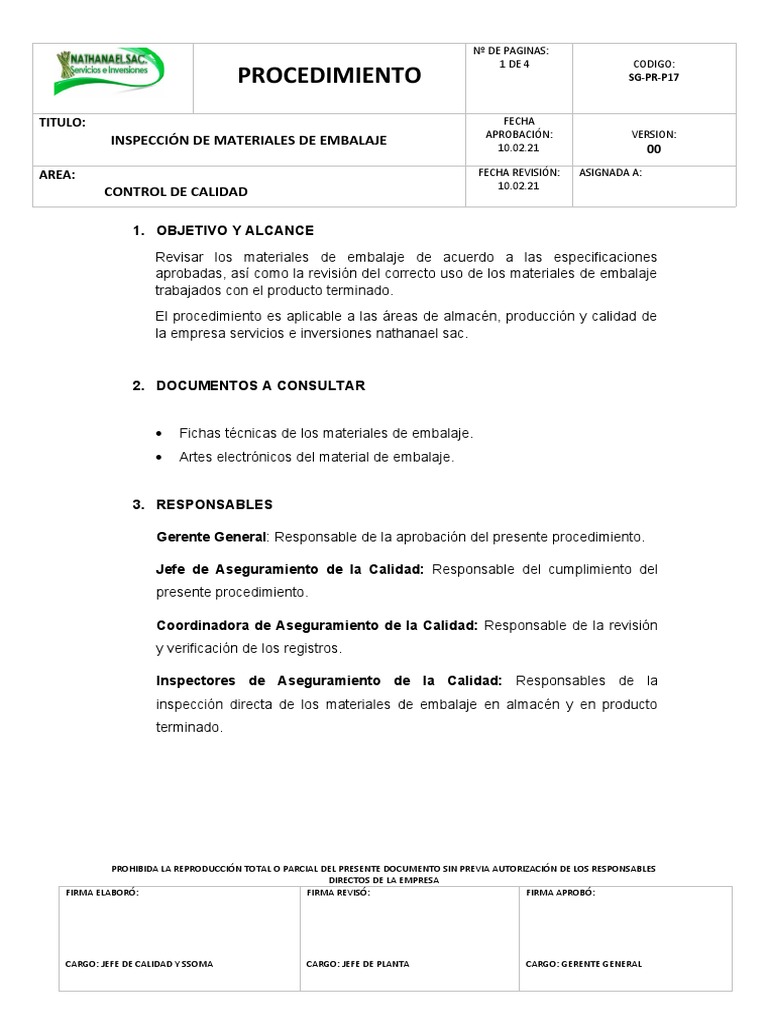 SG-PR-P17-00 Procedimiento de Inspección de Materiales de Embalaje | PDF