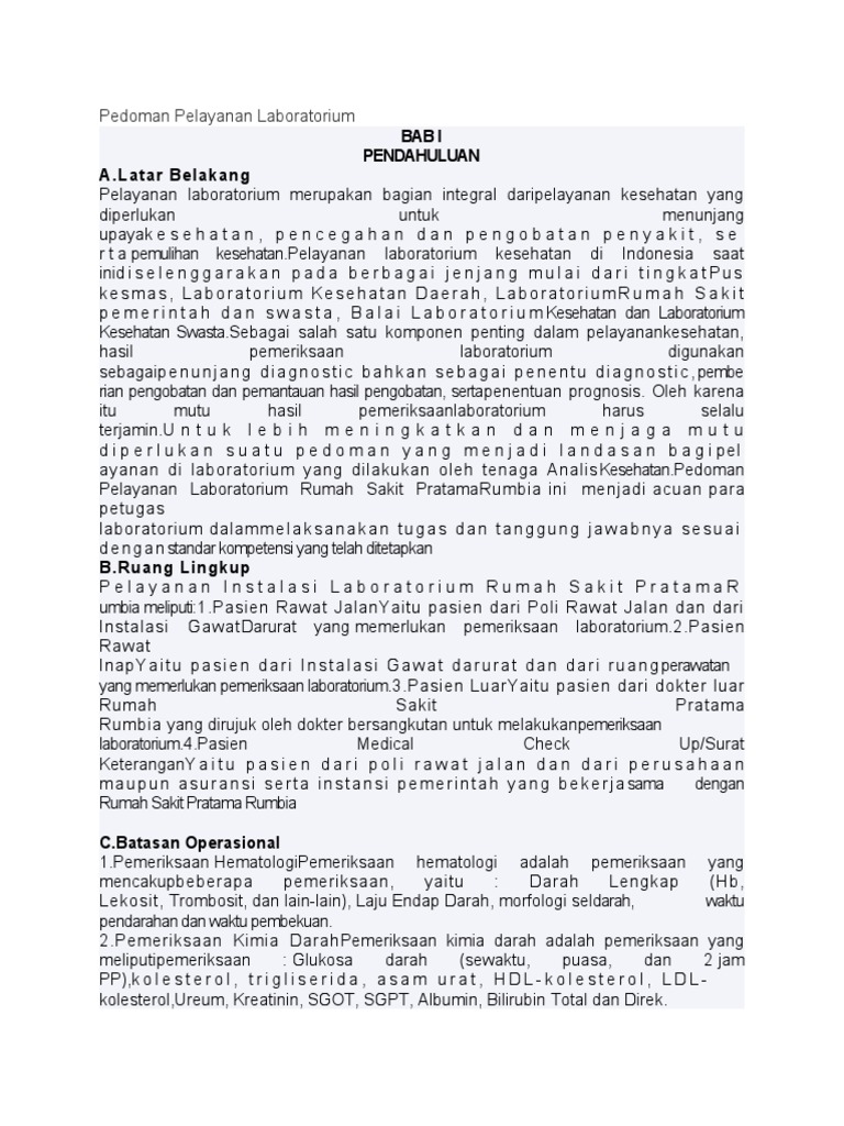 Pedoman Pelayanan Laboratorium RS Pratama | PDF