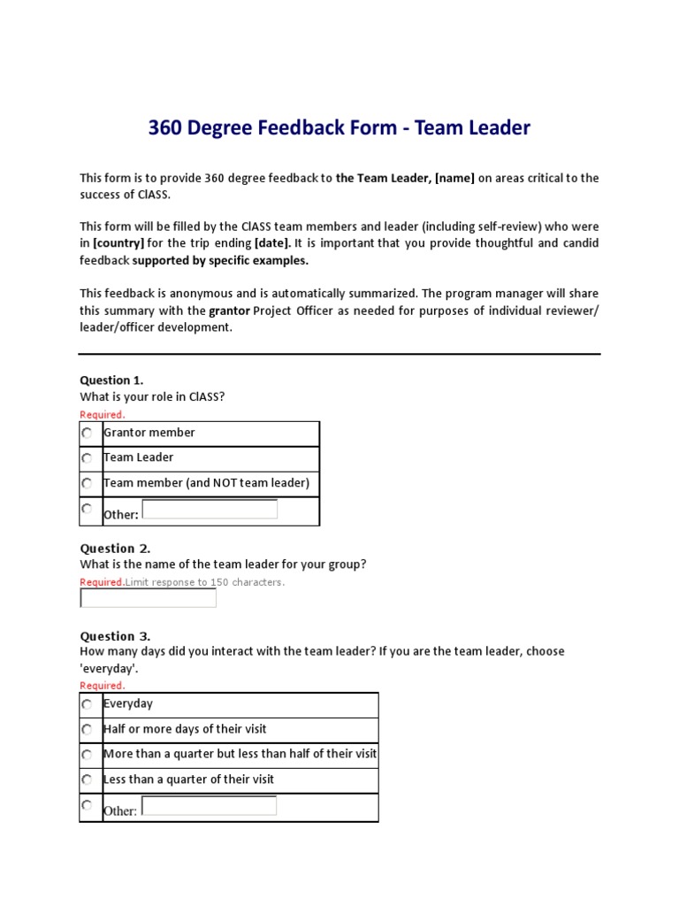Sample Team Leader 360 Degree Feedback Form | PDF | Leadership ...