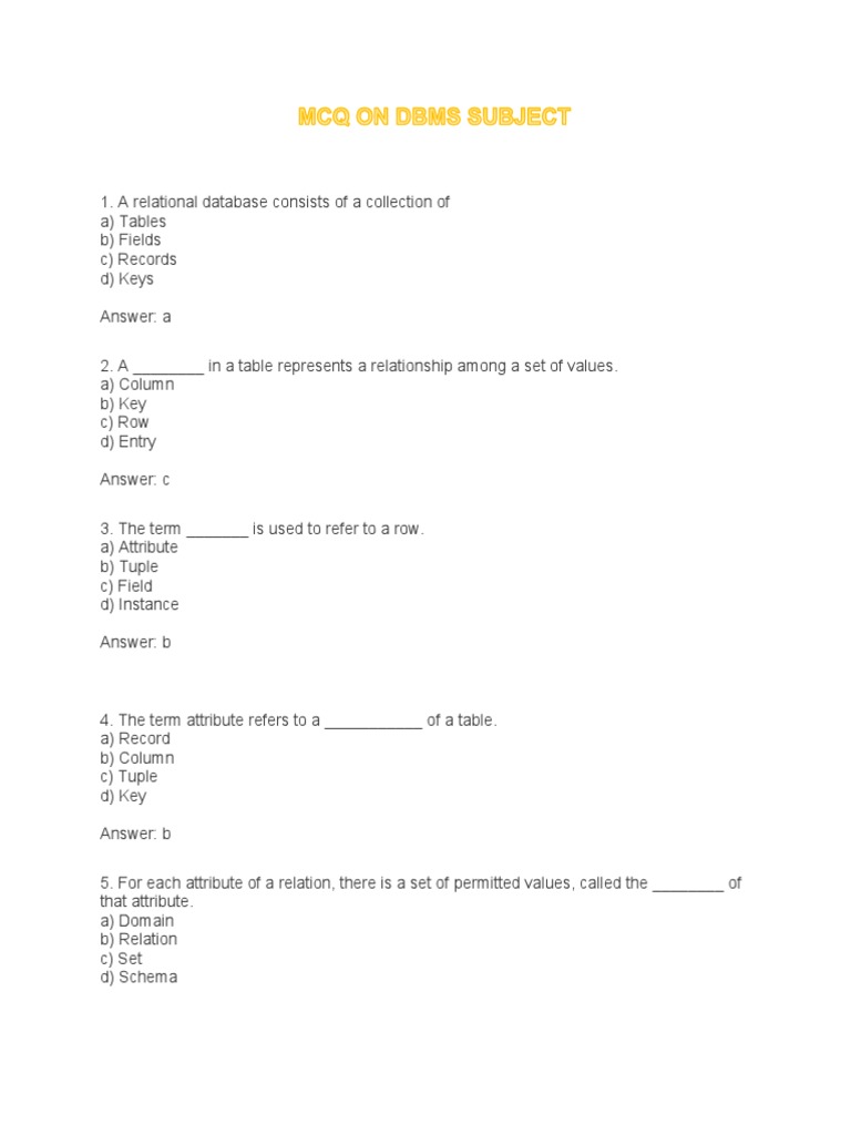 DBMS MCQ | PDF | Relational Database | Relational Model DBMS MCQ | PDF | Relational Database | Relational Model