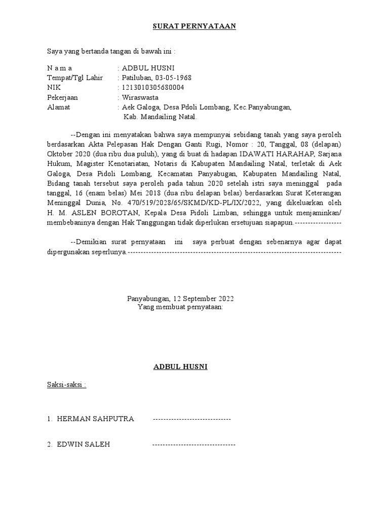 SURAT PERNYATAAN Tidak Memerlukan Persetujuan | PDF