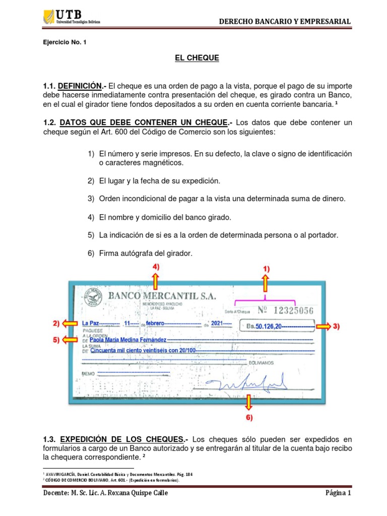 EJERCICIO No. 1 - DERECHO BANCARIO | PDF | Cheque | Bancos