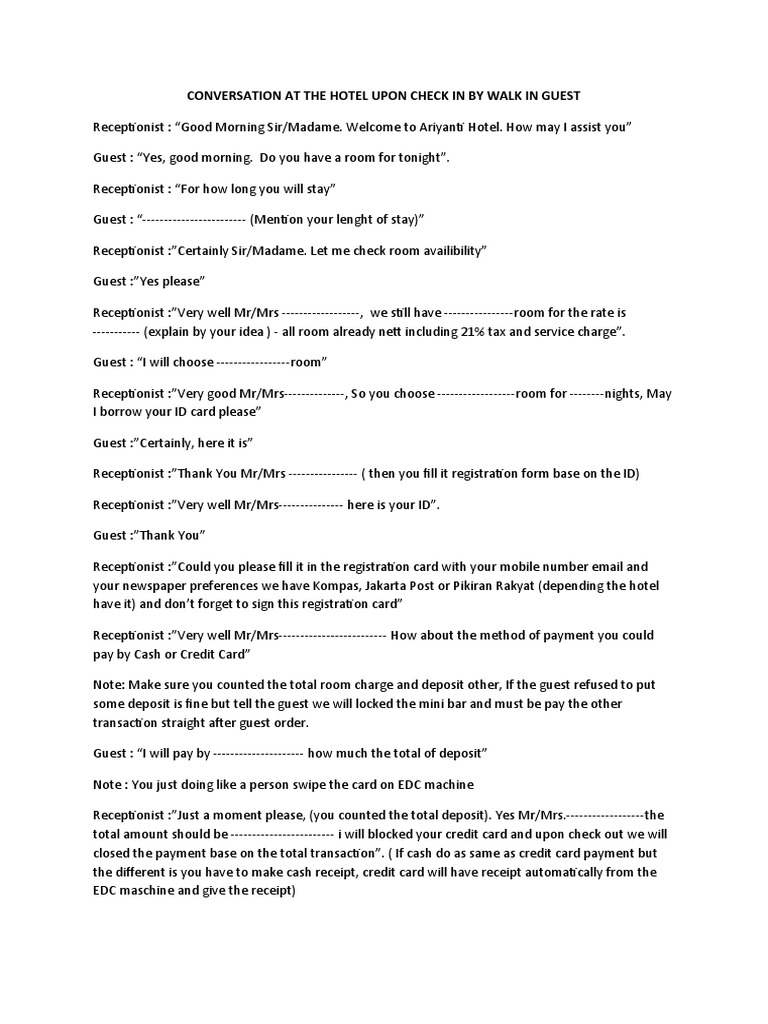 Hotel Check-In Conversation Script | PDF | Receipt | Credit Card