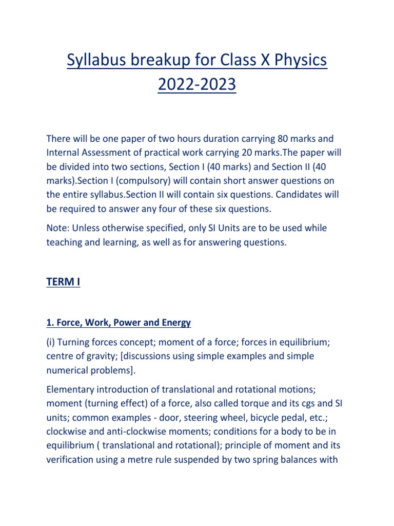 Syllabus Breakup For Class X Physics 2022-2023 | PDF