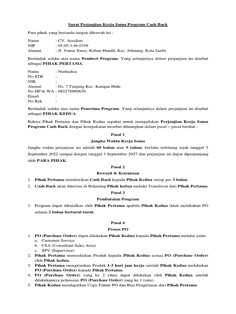 Surat Perjanjian Kerja Sama Program Cash Back FIX Hidden - Nurhadisa | PDF