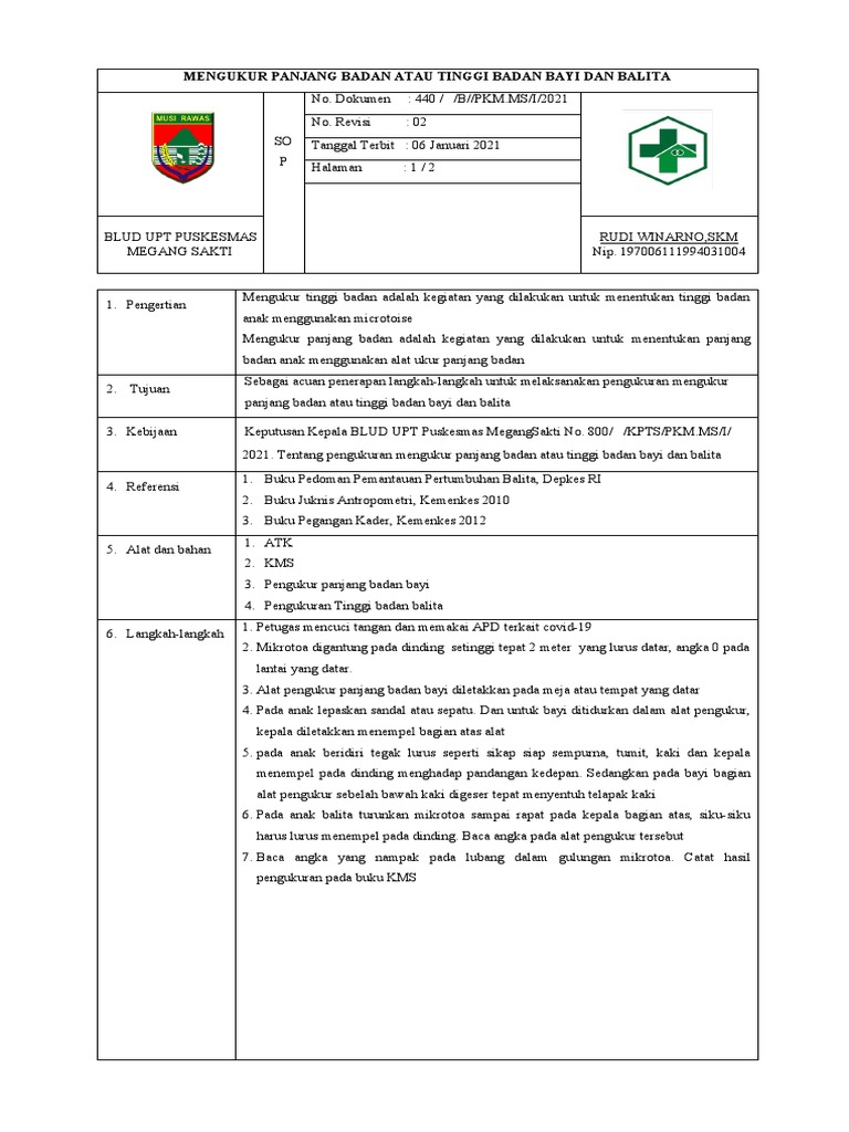 Sop Mengukur Panjang Badan Atau Tinggi Badan Bayi Dan Balita | PDF