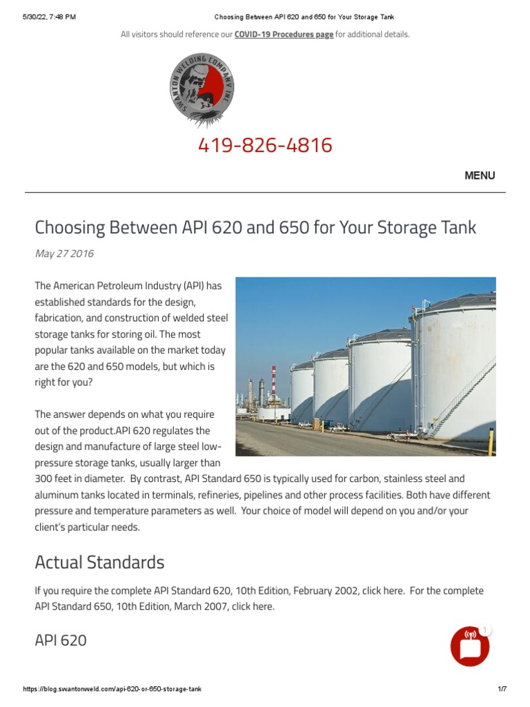 Choosing Between API 620 and 650 For Your Storage Tank | PDF